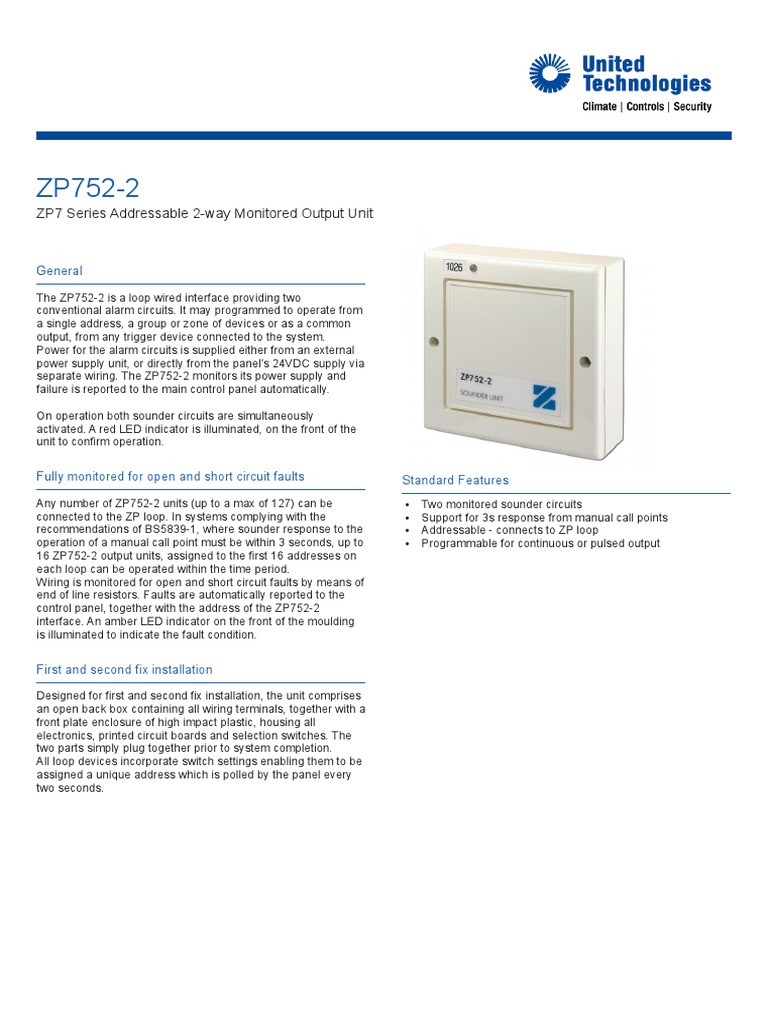 Product Data Sheet: ZP7 Series Addressable 2-Way Monitored Output Unit ...