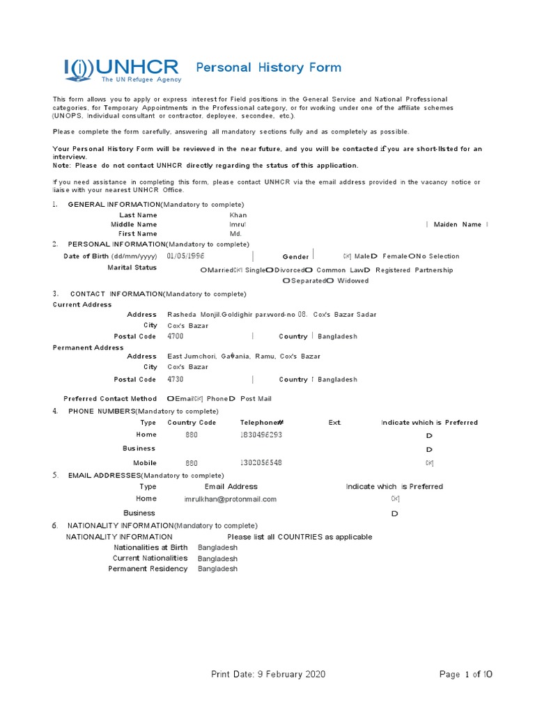 UNHCR Personal History Form | PDF | United Nations High Commissioner ...