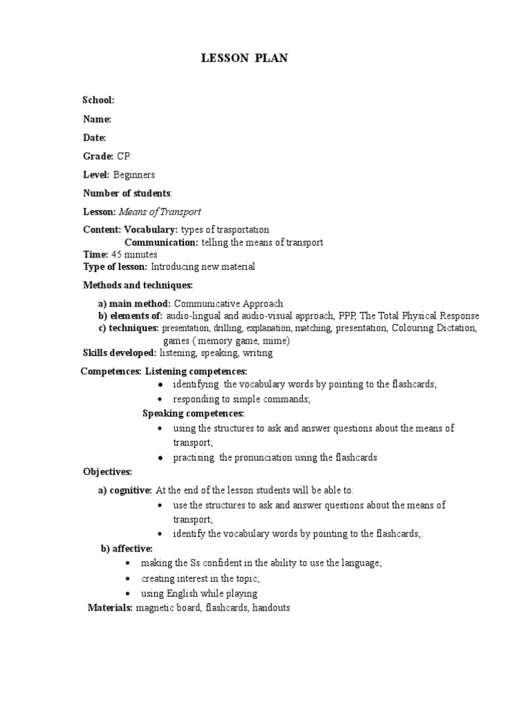 Means of Transport Lesson Plan | PDF | Vocabulary | Applied Psychology