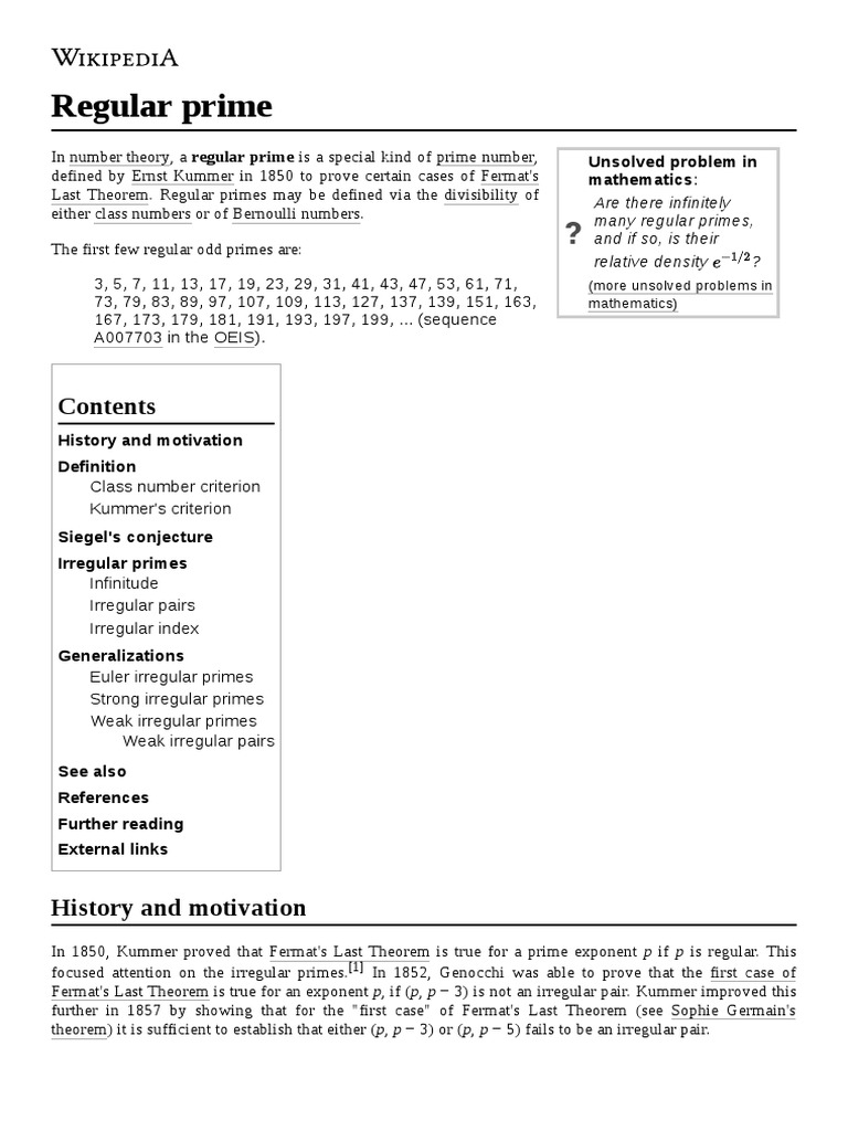 Regular Prime: Unsolved Problem in Mathematics | PDF | Combinatorics ...