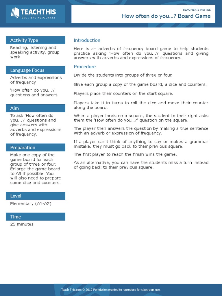 Adverbs of Frequency Board Game PDF | PDF | Adverb | English As A ...