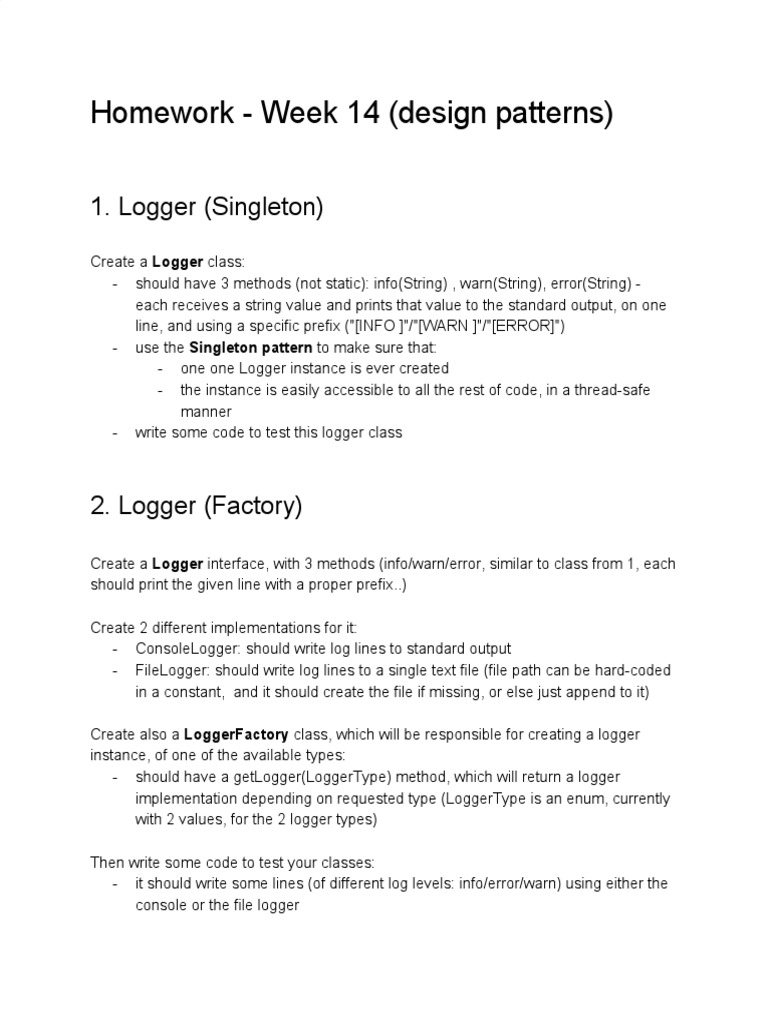 Homework - Week 14 (Design Patterns) : 1. Logger (Singleton) | PDF ...