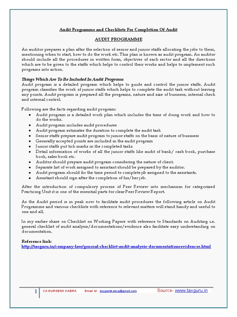 Audit Programme and Checklists For Completion of Audit Audit Programme ...