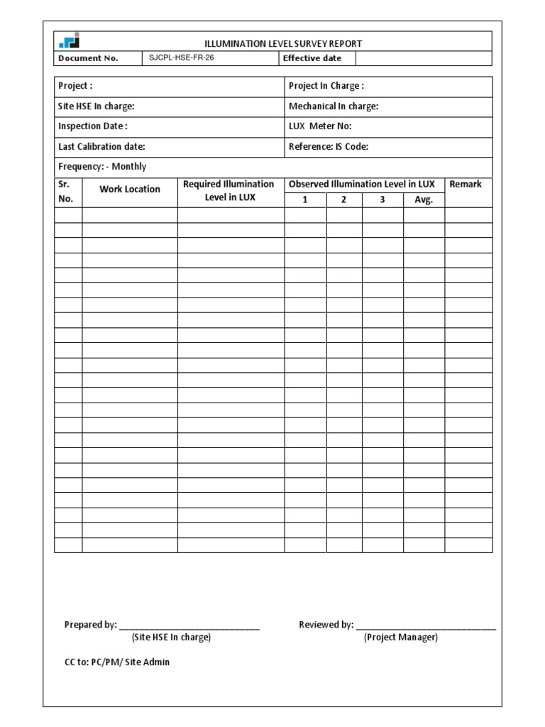 SJCPL-HSE-FR-26 Illumination Level Survey Report PDF | PDF
