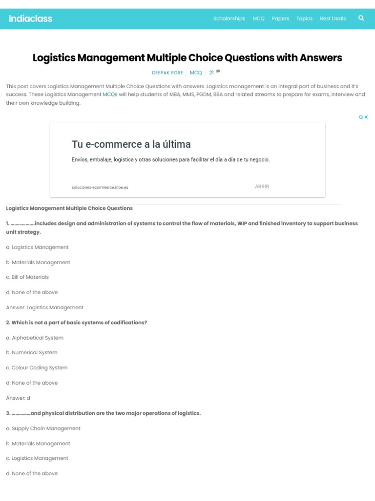 Logistics Management Multiple Choice Questions With Answers PDF | PDF ...
