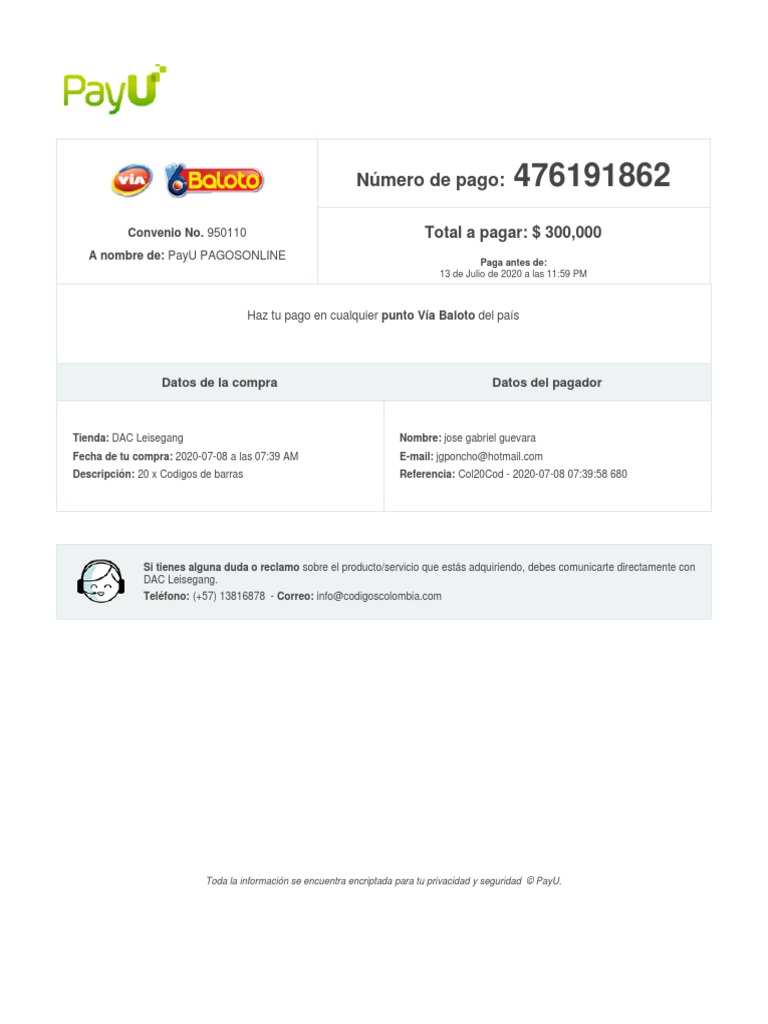 Recibo de Pago Baloto - Convenio 950110 | PDF