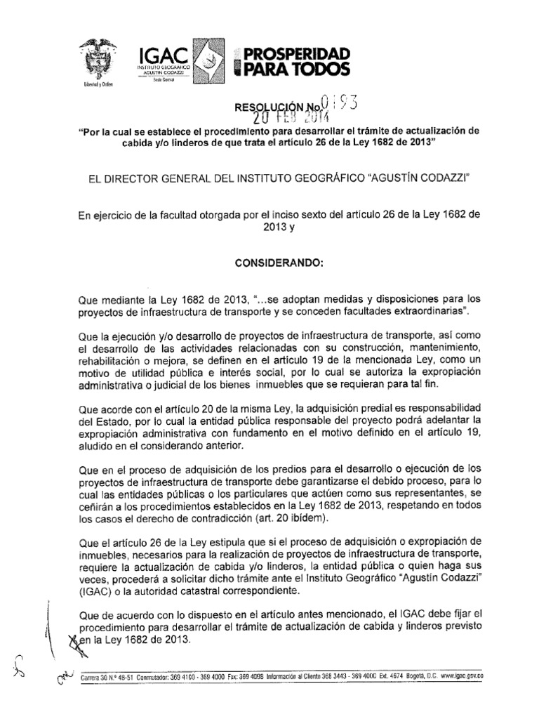 Resolucion 0193 - 2014 Cabida y Linderos IGAC PDF | PDF