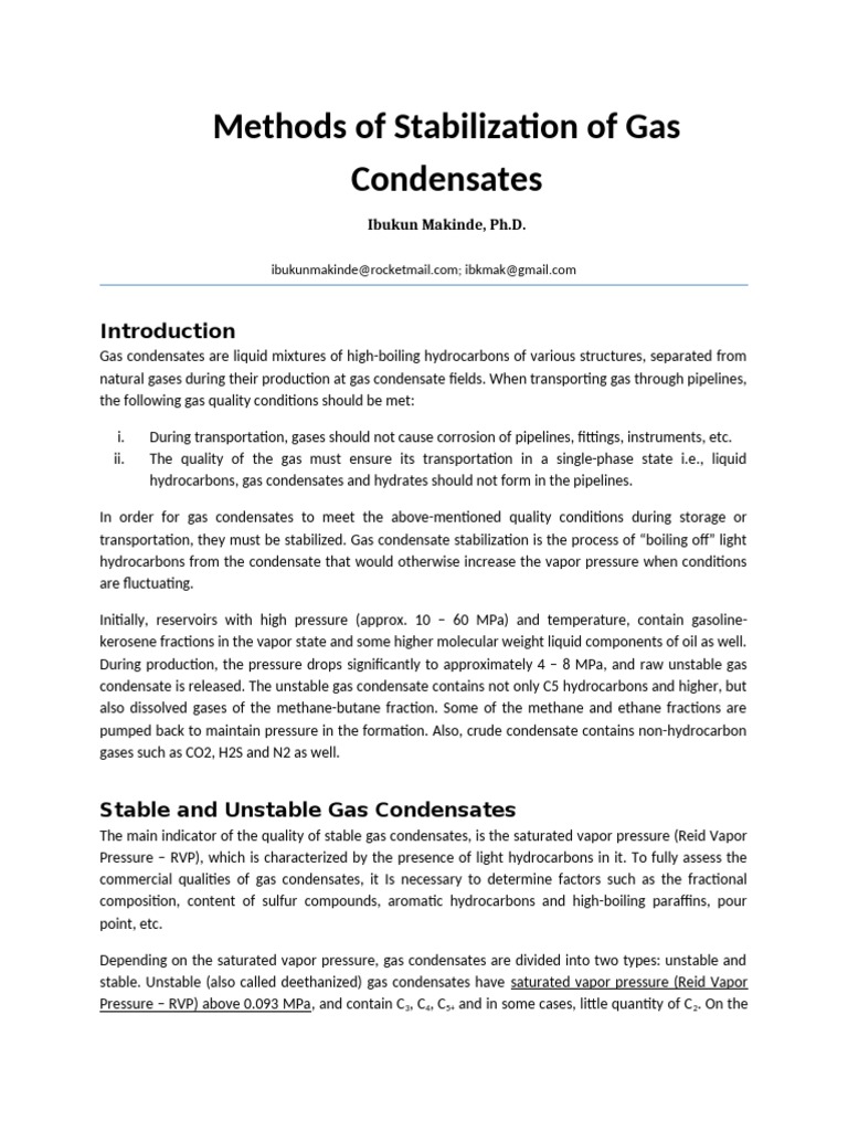Gas Condensate Stabilization Methods | PDF | Distillation | Natural Gas