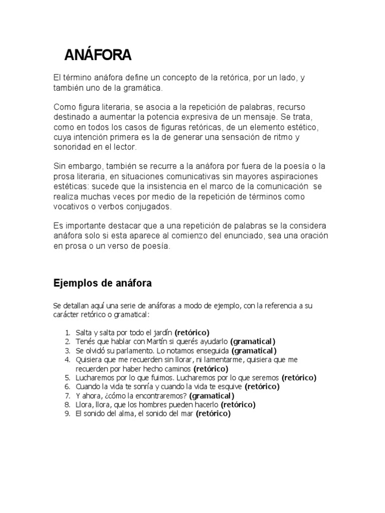 ANÁFORA Ejemplos | Descargar gratis PDF | Retórica | Metáfora