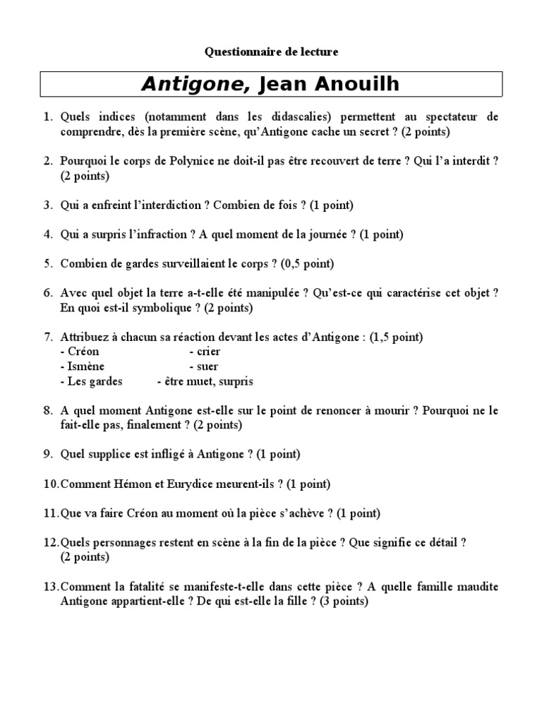 Questionnaire: Antigone d'Anouilh | PDF