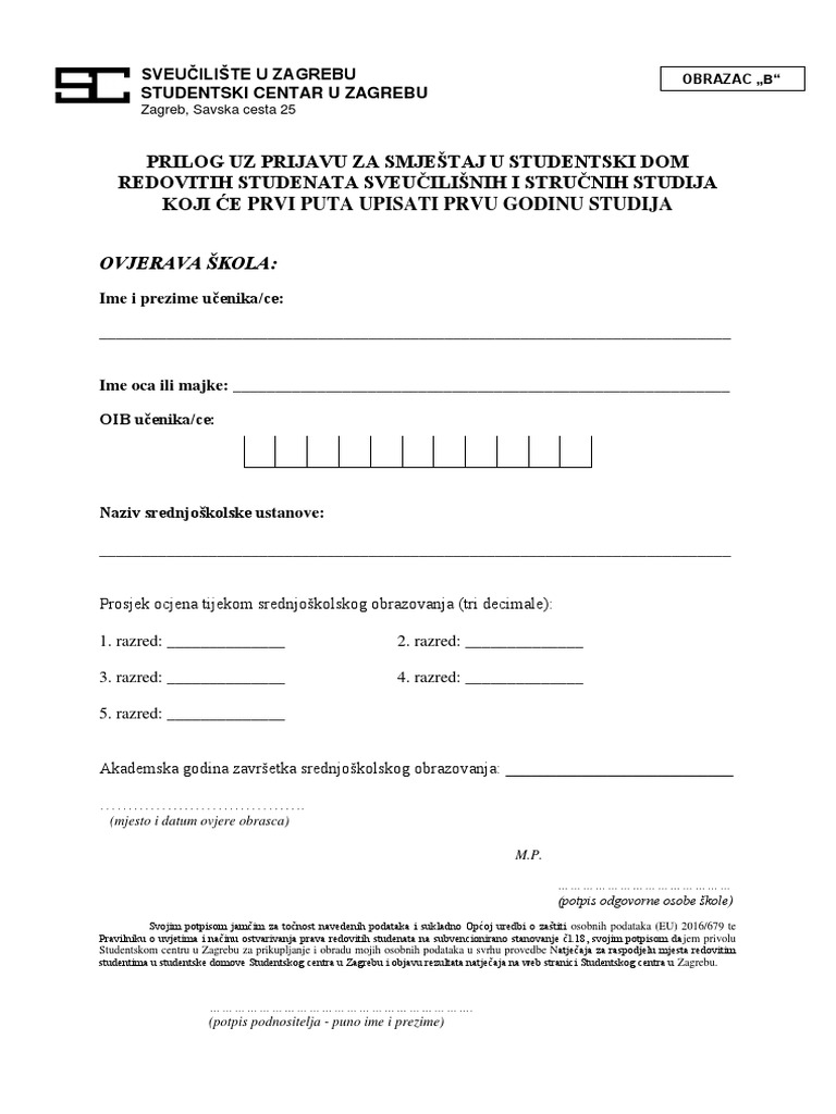 Obrazac Za Prijavu Brucosa (B) PDF | PDF