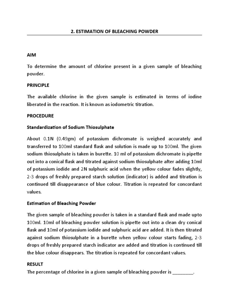 Estimation of Bleaching Powder | PDF | Titration | Chemistry