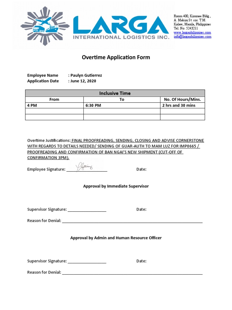 Overtime Application Form Sample | PDF