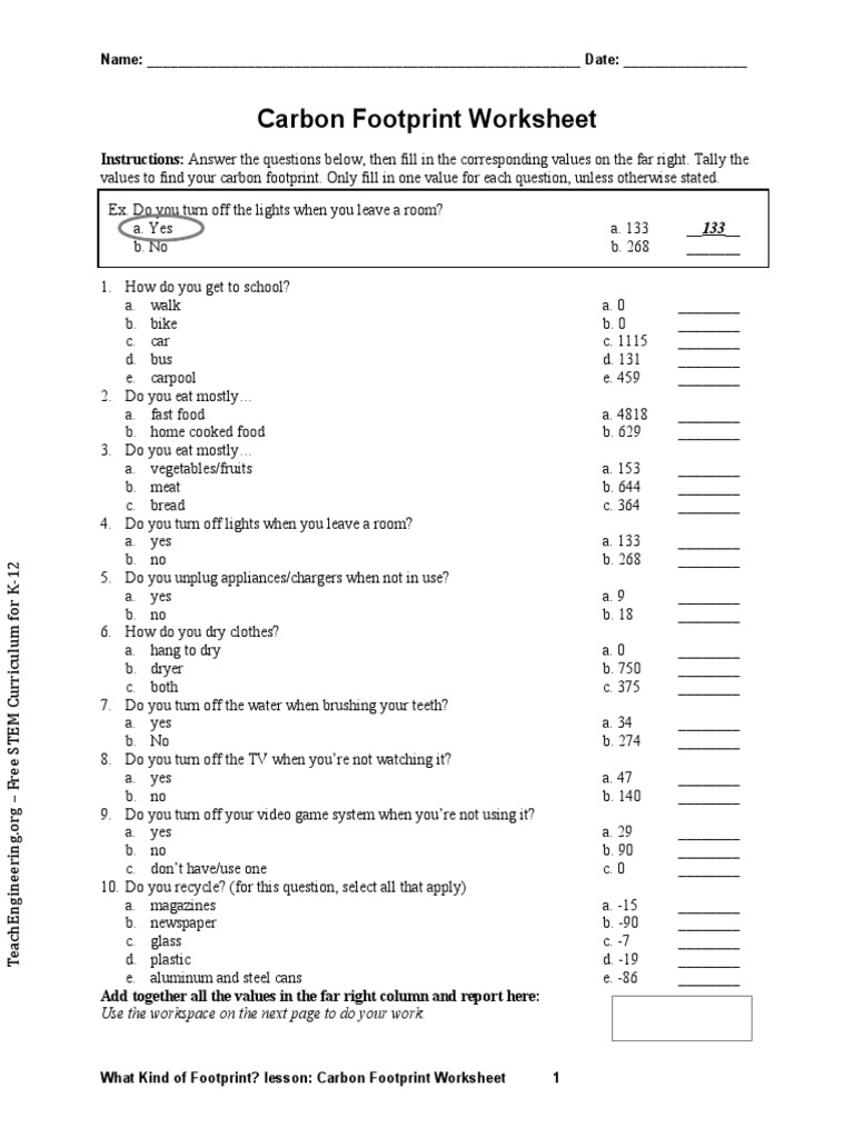Carbon Footprint Worksheet | PDF | Carbon Footprint | Global Warming