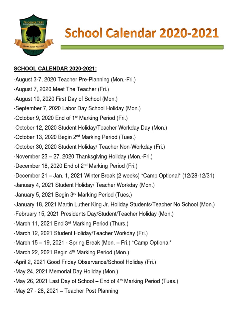 School Calendar 20 21 | PDF
