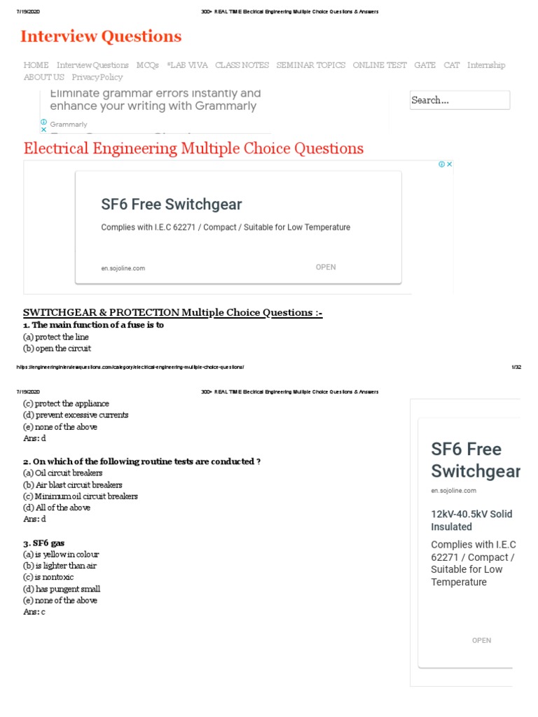 Electrical Engineering Multiple Choice Questions: SF6 Free Switchgear ...
