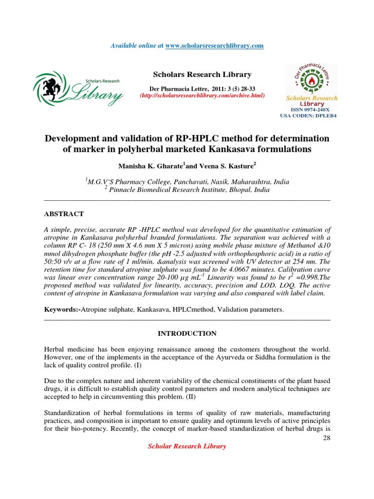 Development and Validation of RPHPLC Method For Determinationof Marker in Polyherbal Marketed ...