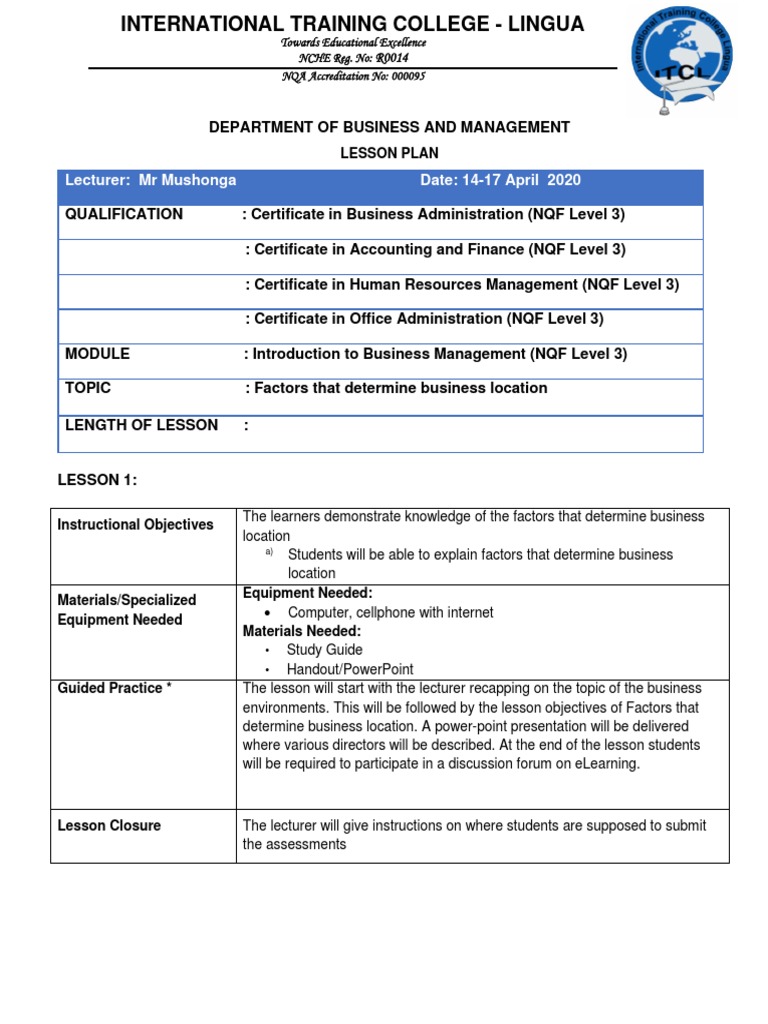 Business Management Lesson Plan: Location Factors | PDF | Lesson Plan ...