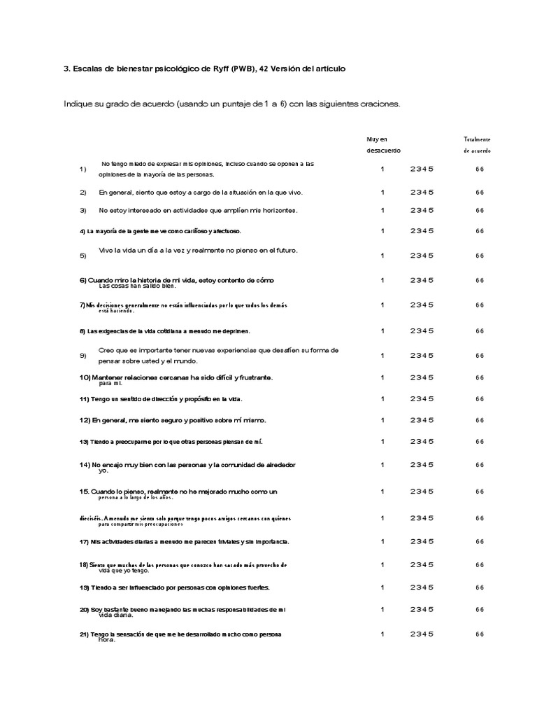 PWB-Scale en Es | PDF | Sicología | Ciencias del comportamiento
