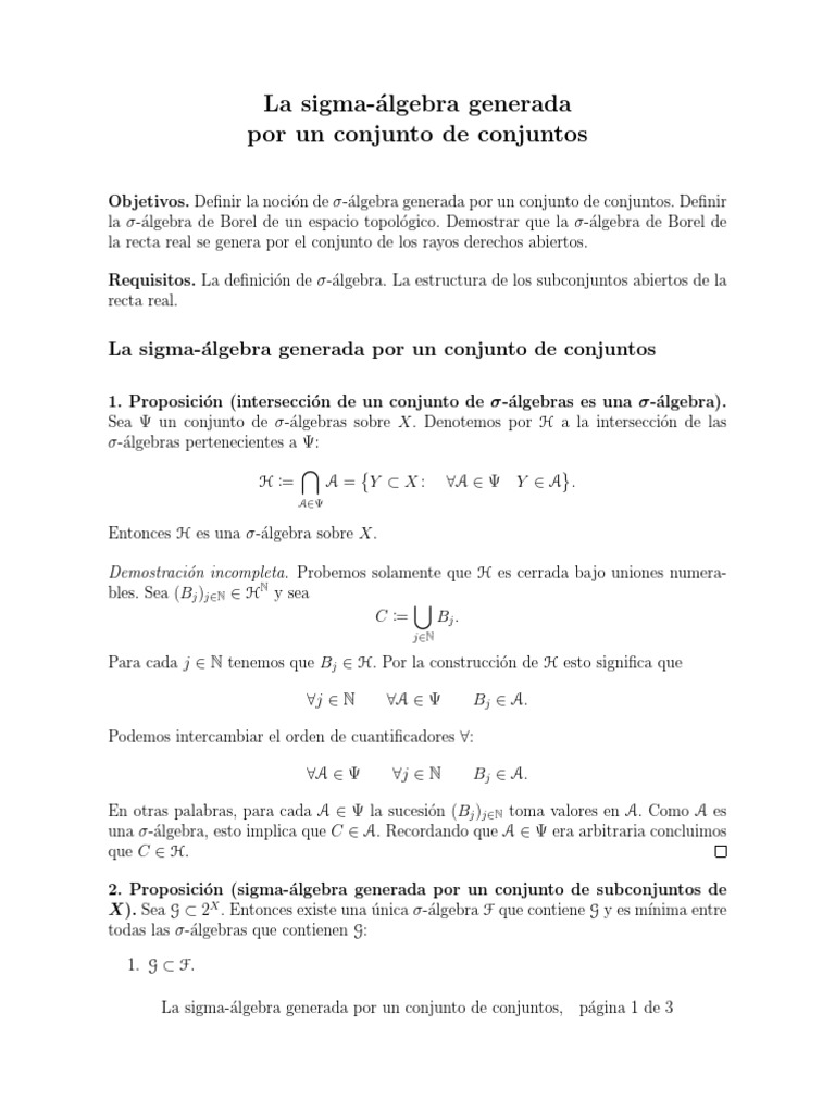 Sigma Algebra Generated by A Set of Sets Es PDF | PDF | Conjunto ...