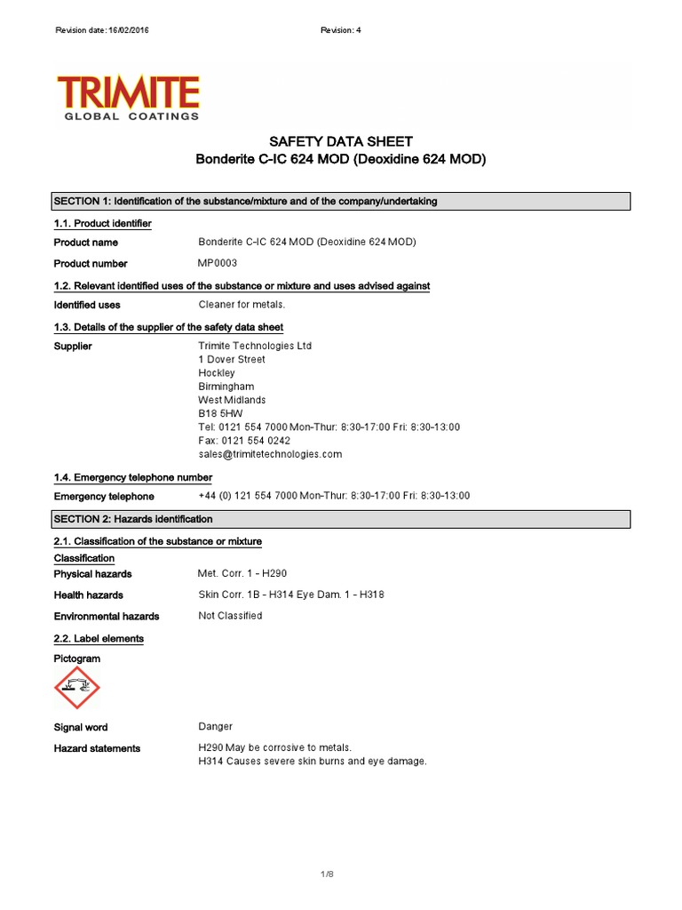 Safety Data Sheet Bonderite C-IC 624 MOD (Deoxidine 624 MOD) | Download ...