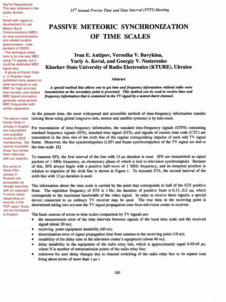 Meteor Burst Communications. Time Synch, One-Way, Ukraine Group DCST ...