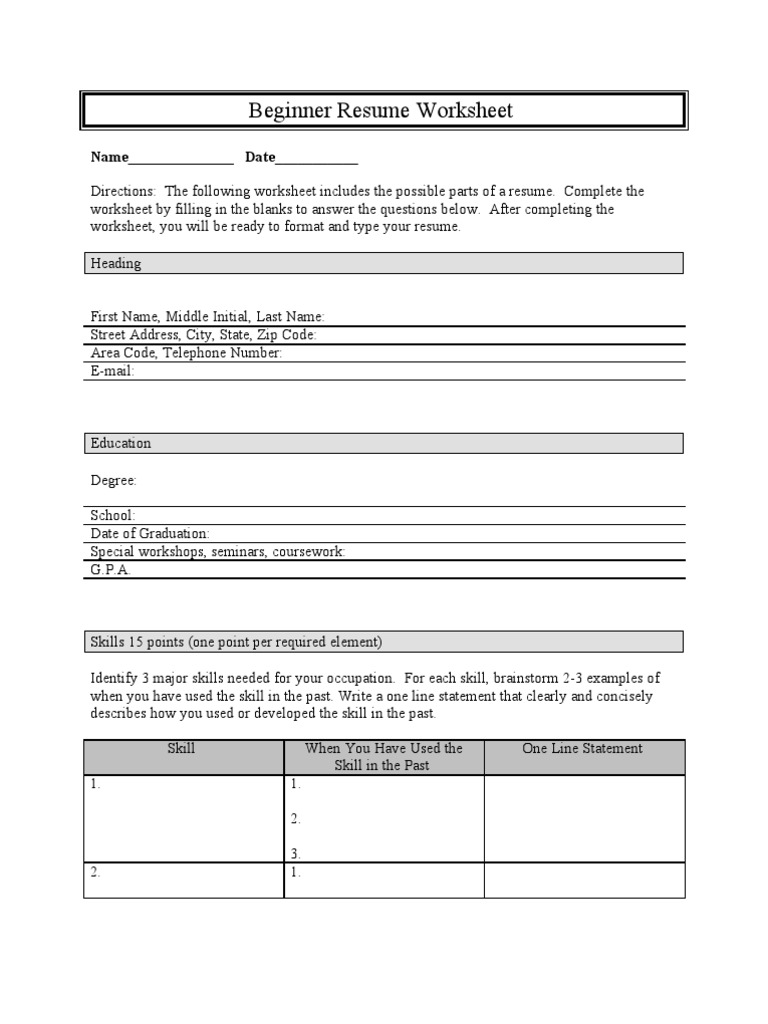 Beginner Resume Worksheet Template | PDF | Résumé | Cognition