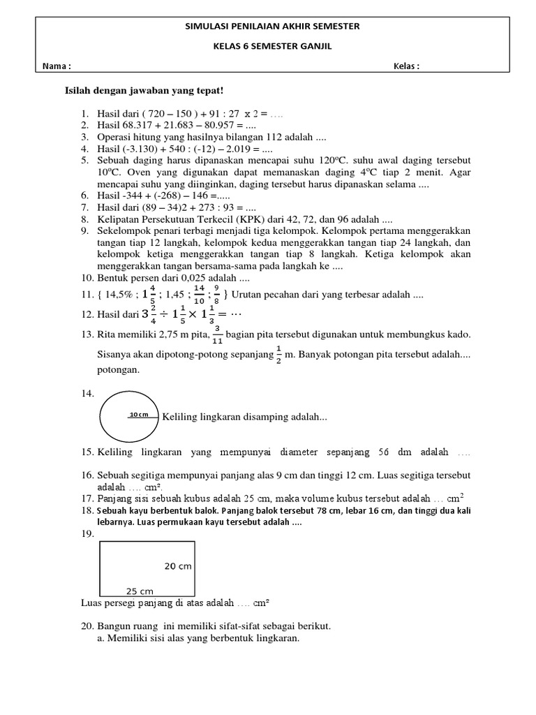 Soal MTK Kls 6 | PDF