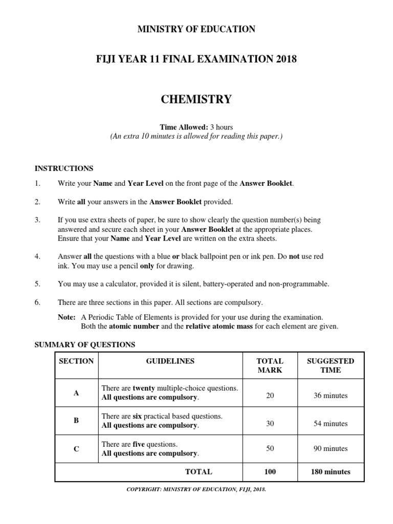 Chemistry: Fiji Year 11 Final Examination 2018 | PDF | Sodium | Chlorine