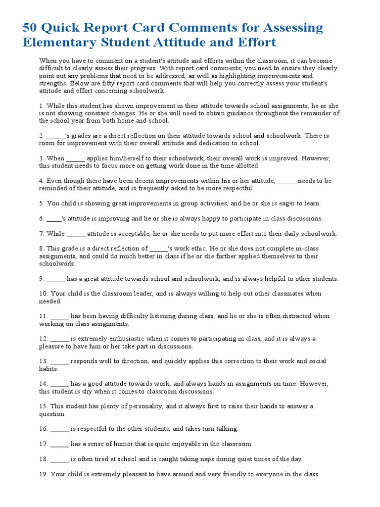 50 Quick Report Card Comments for Assessing Elementary Student Attitude ...