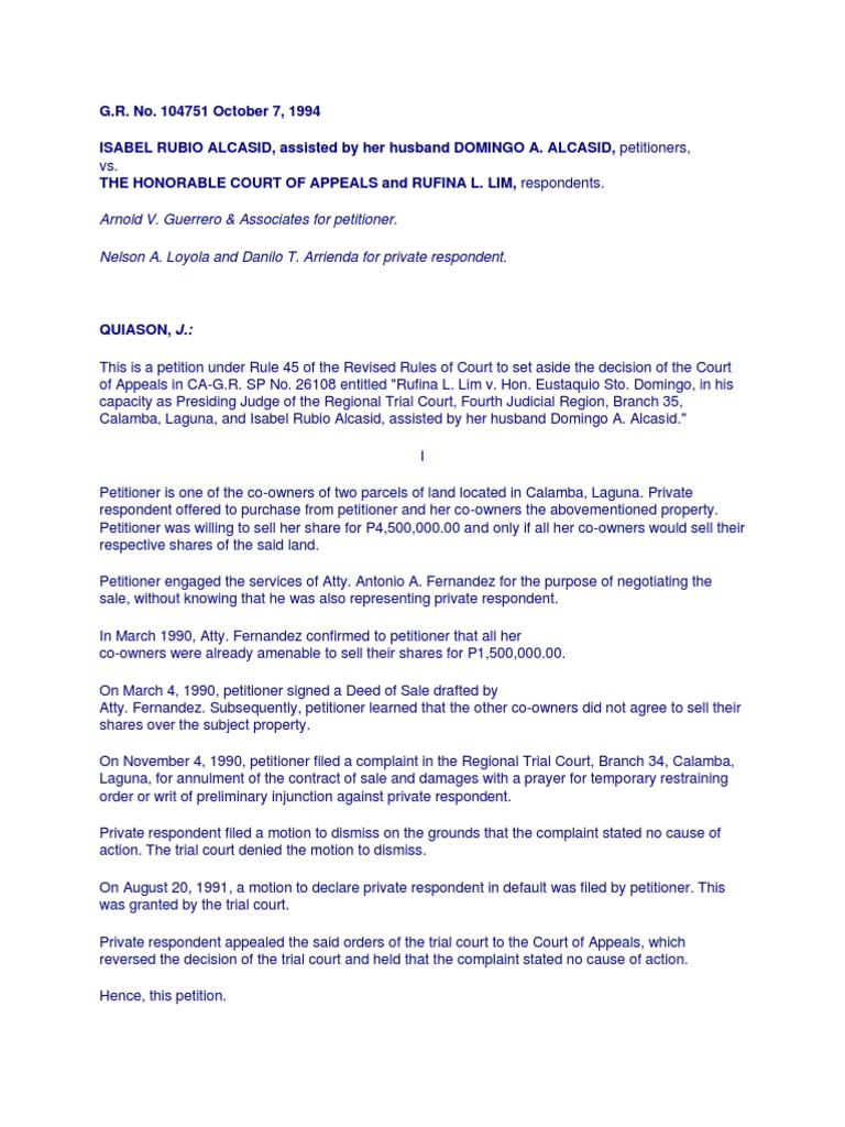 Alcasid vs. CA, 237 SCRA 419 | PDF | Complaint | Public Law