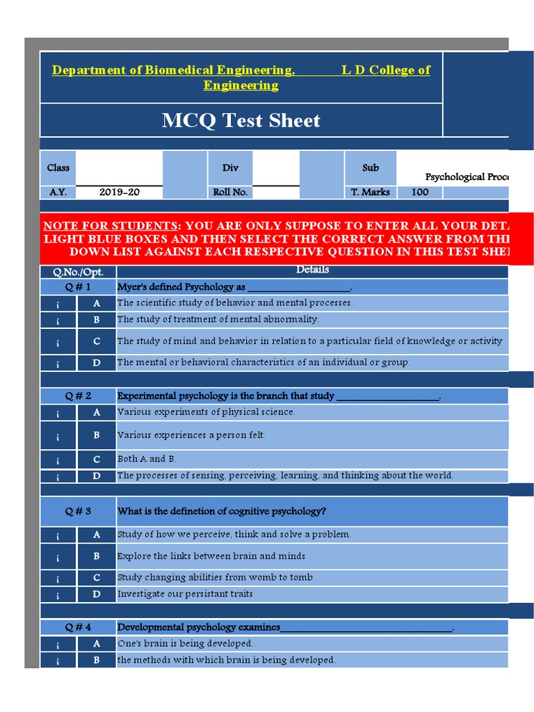MCQ Test Sheet PSYP | PDF | Id | Psychology