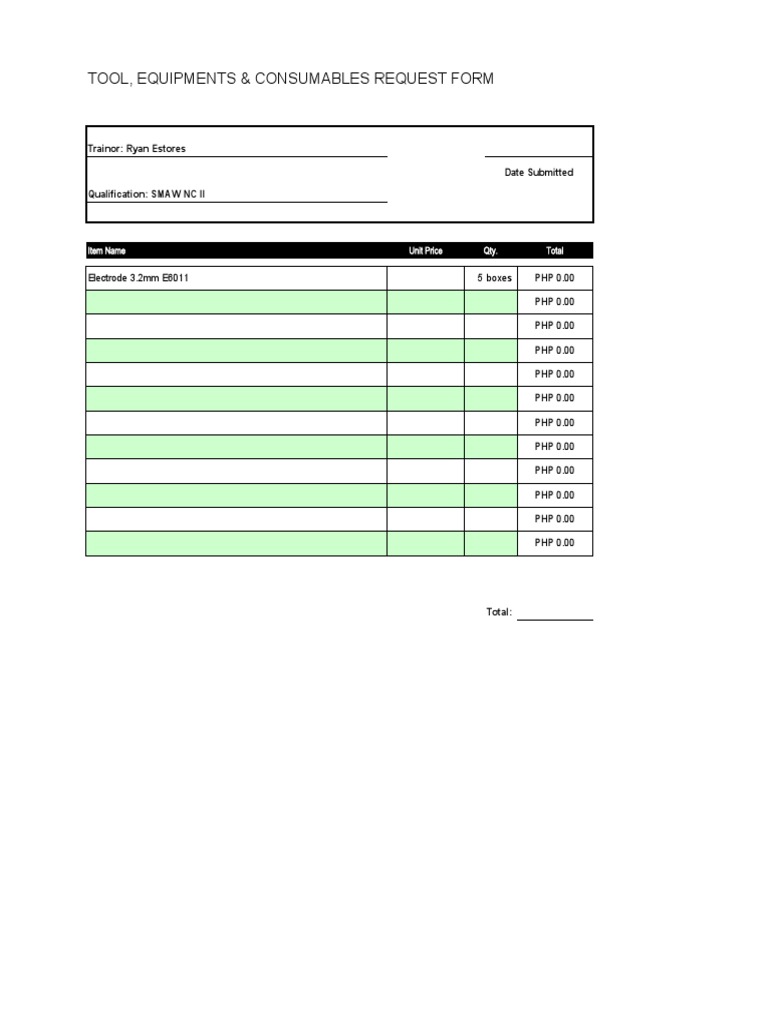 Tool, Equipments & Consumables Request Form: Trainor: Ryan Estores Date ...