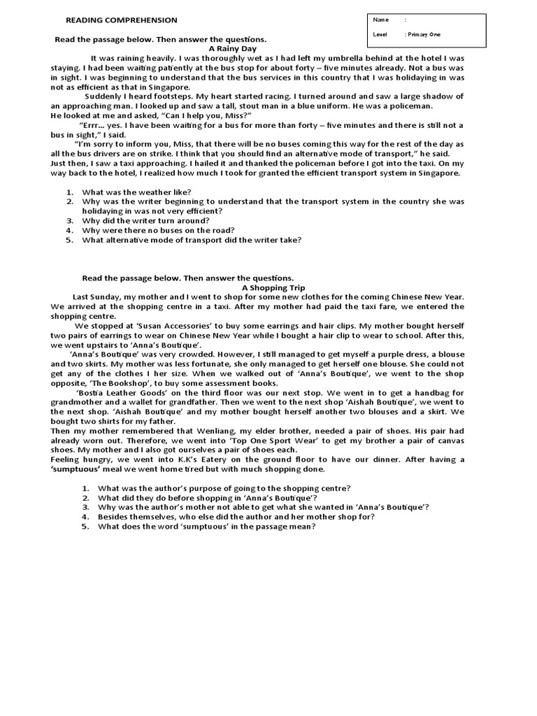 Reading Comprehension Read The Passage Below. Then Answer The Questions ...
