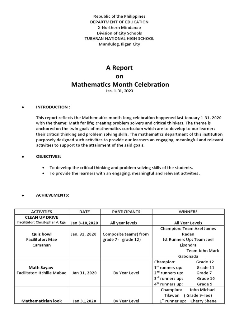 Culmination Report in Math | PDF | Teaching Mathematics | Motivation