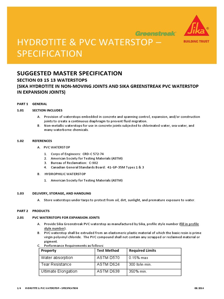 Suggested Specifications For PVC & Hydrotite Waterstop-Greenstreak ...
