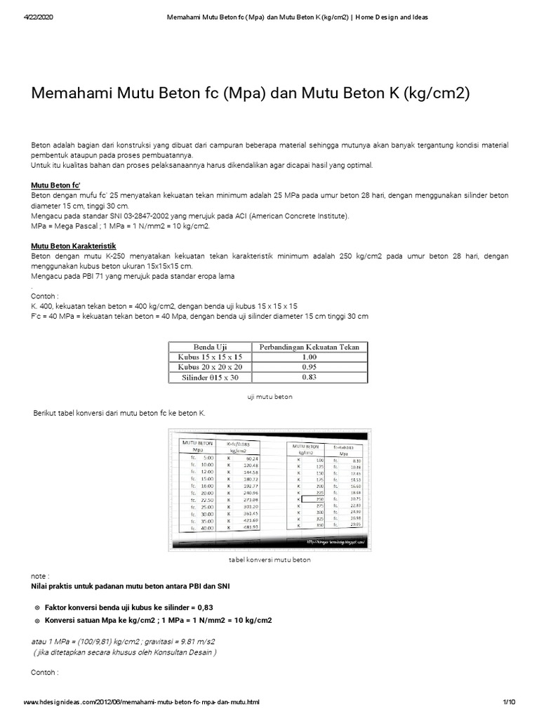 Memahami Mutu Beton FC (Mpa) Dan Mutu Beton K (KG - cm2) - Home Design and Ideas | PDF