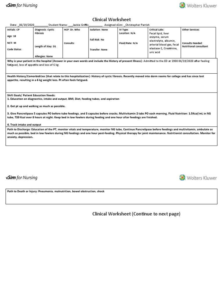 VSIM Clinical Worksheet WORD 06.19 | PDF | Pneumonia | Physical Therapy