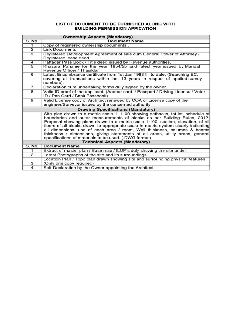 List of Document To Be Furnished Along With Building Permission ...