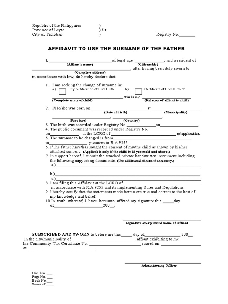Affidavit To Use The Surname of The Father CIVIL REGISTRY FORM ...