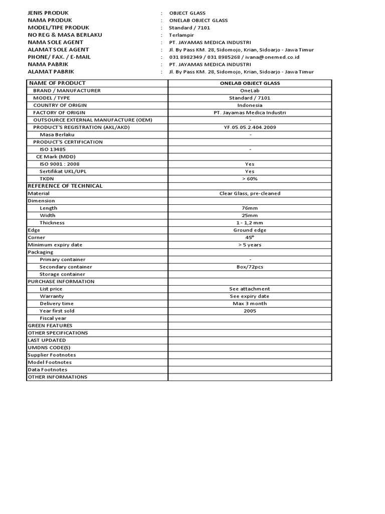 Onelab Object Glass Specifications | PDF | Business