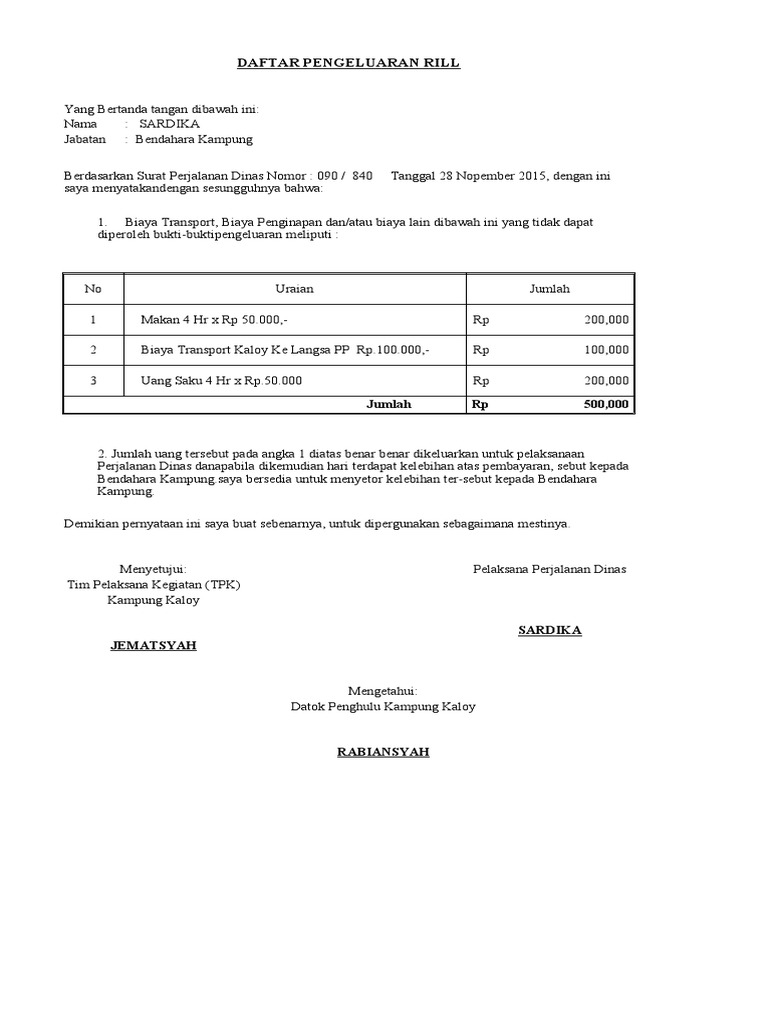 Rincian Biaya Perjalanan Dinas | PDF