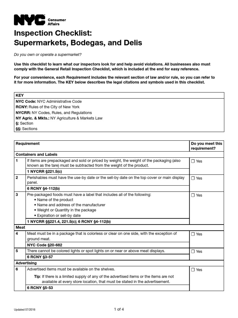 Inspection Checklist: Supermarkets, Bodegas, and Delis: Do You Own or ...