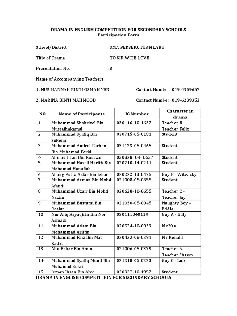 Drama in English Competition For Secondary Schools Participation Form ...