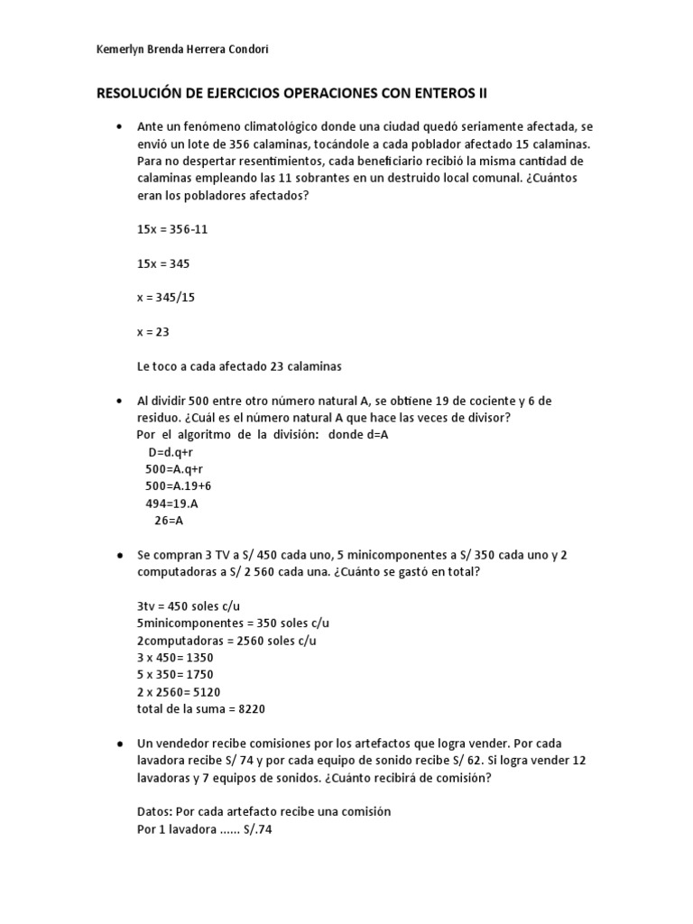 Resolución de Ejercicios Operaciones Con Enteros Ii | PDF