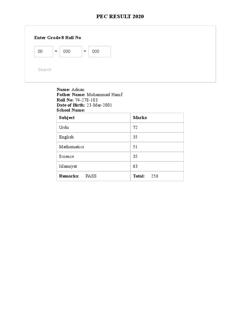 Pec Result 2020: Enter Grade 8 Roll No | PDF