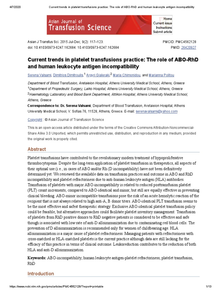 Current Trends in Platelet Transfusions Practice - The Role of ABO-RhD ...
