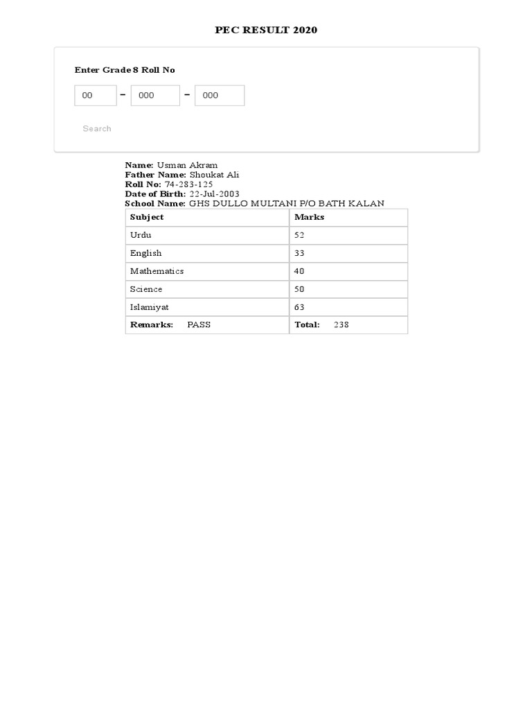PEC Result 2020 PDF | PDF