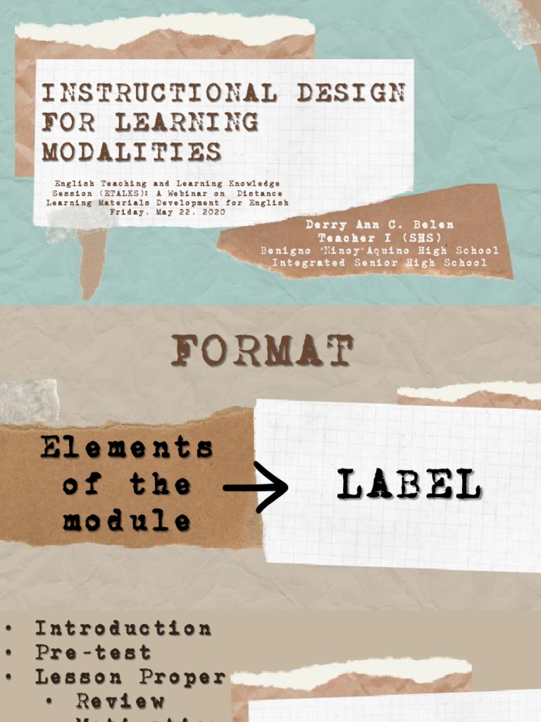 Instructional Design For Learning Modalities: Derry Ann C. Belen Teacher I (SHS) | PDF ...
