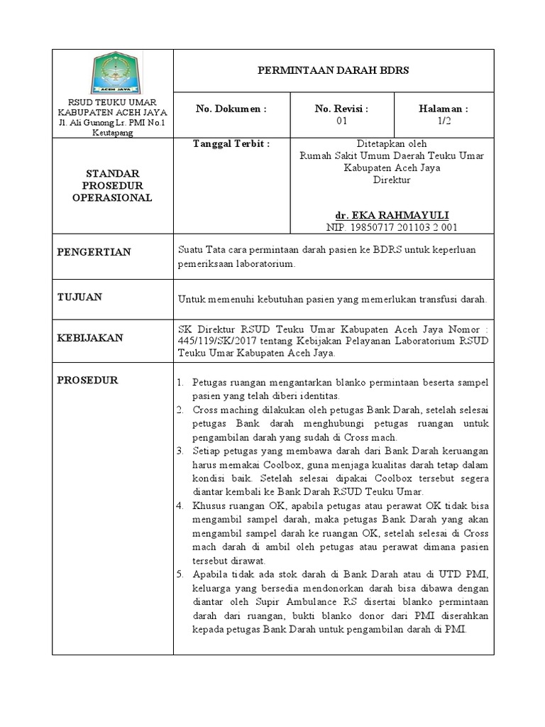 Sop 130 Permintaan Darah BDRS | PDF